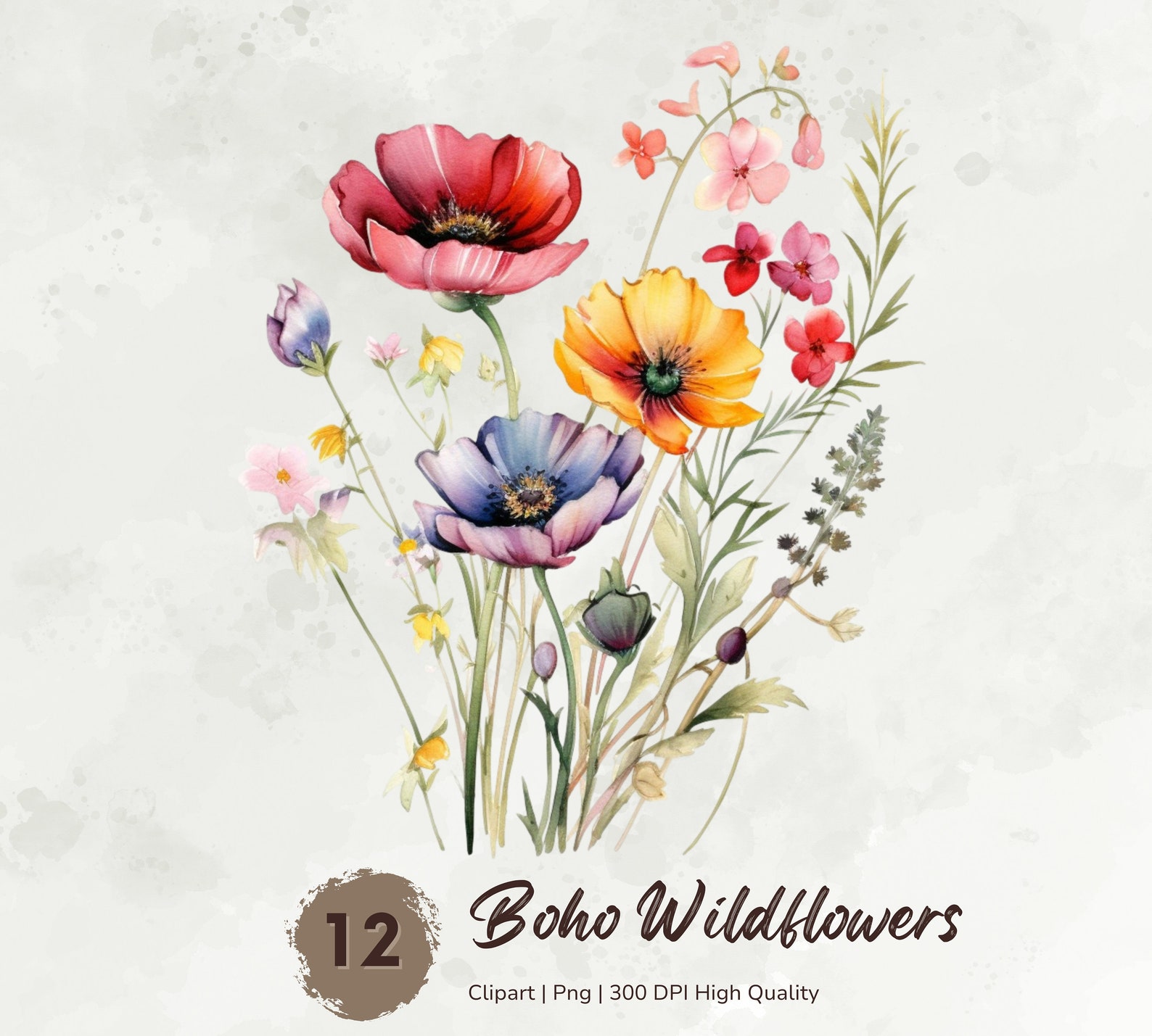 Wildflowers Clipart Bundle, Boho Wildflowers Png, Watercolor ...