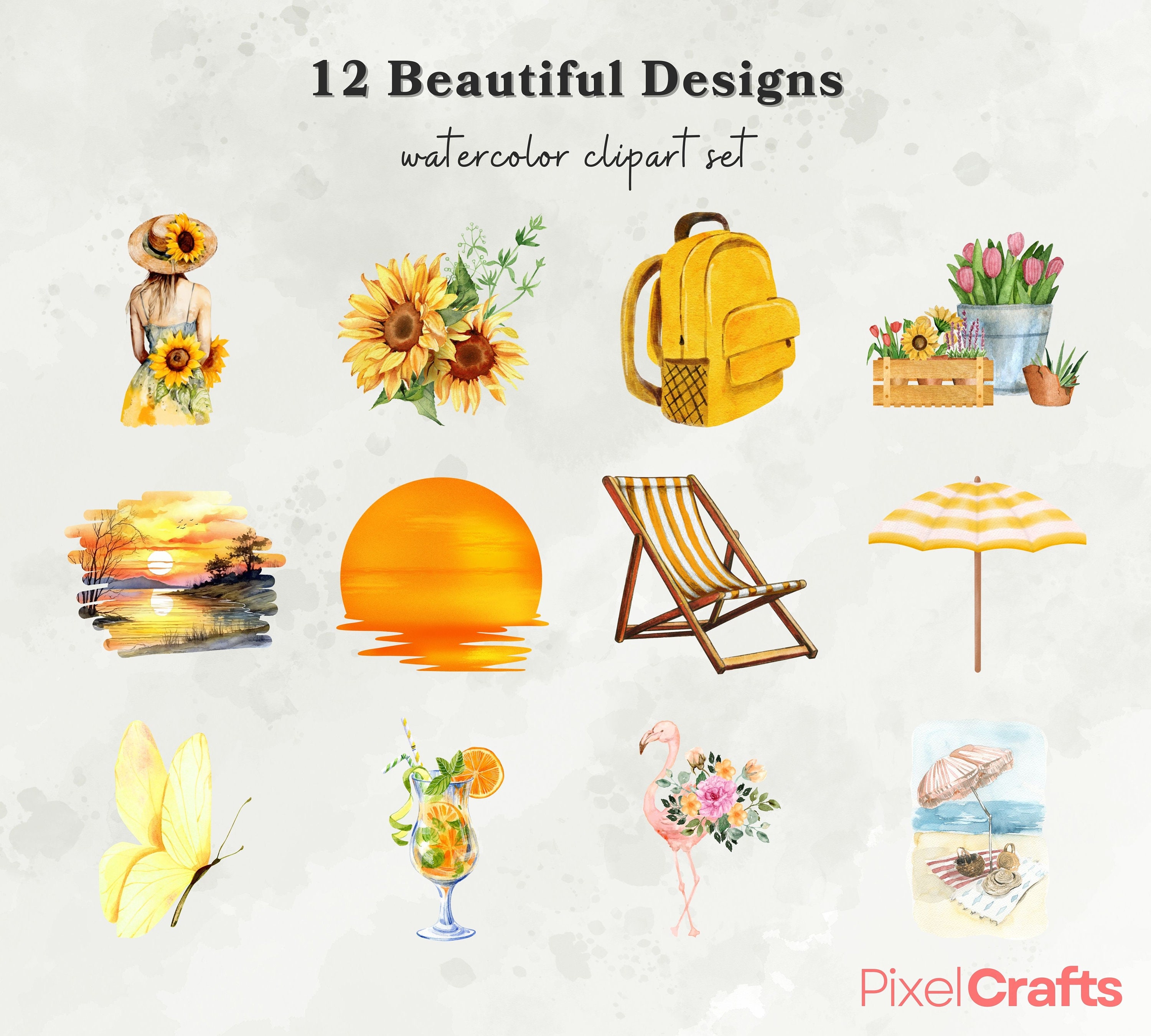 Watercolor Summer Clipart Bundle, Summer Seasonal Png Elements, Beach ...