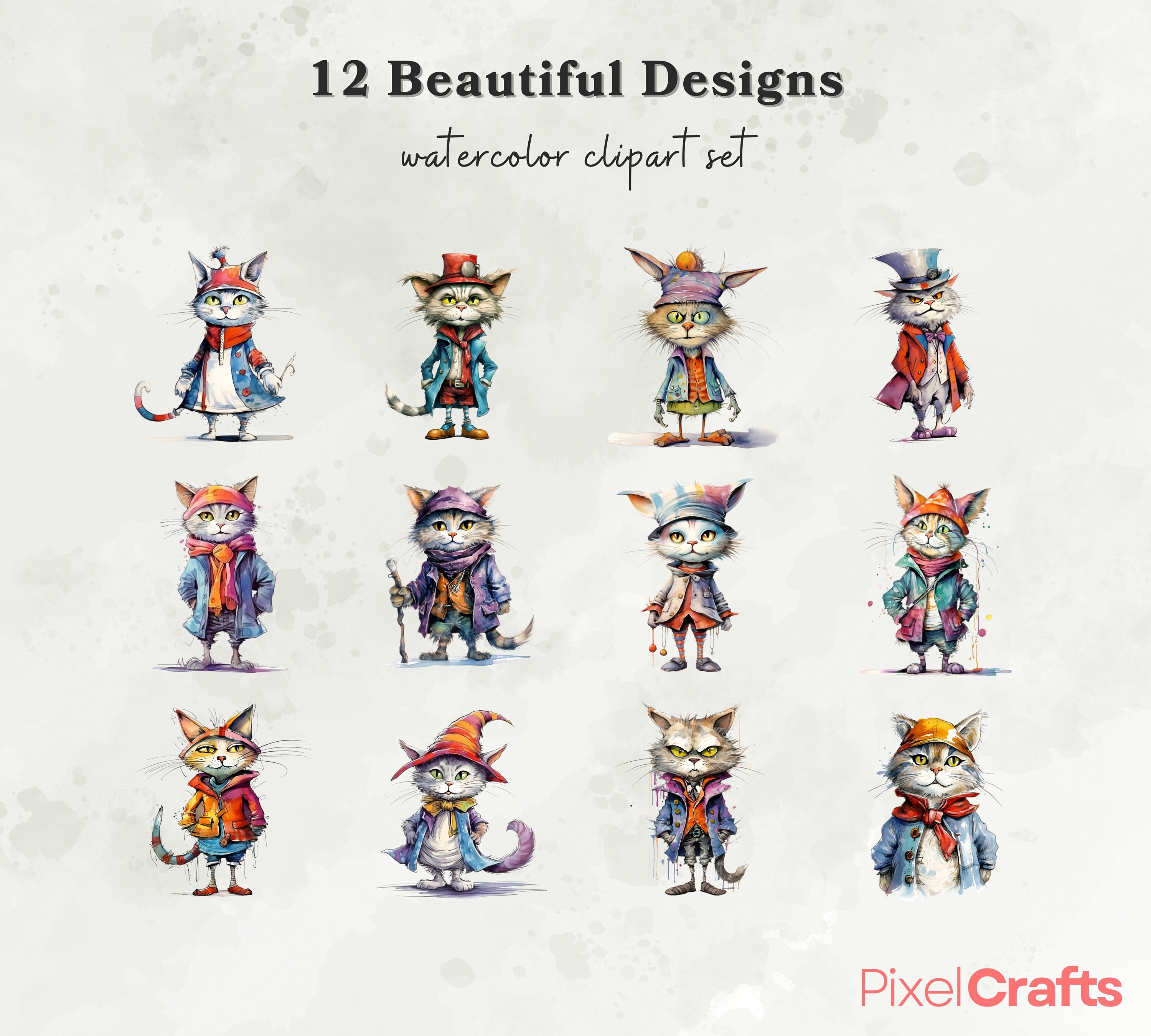 Watercolor Funny Cat Clipart, Whimsical Cats Png, Quirky Kittens ...