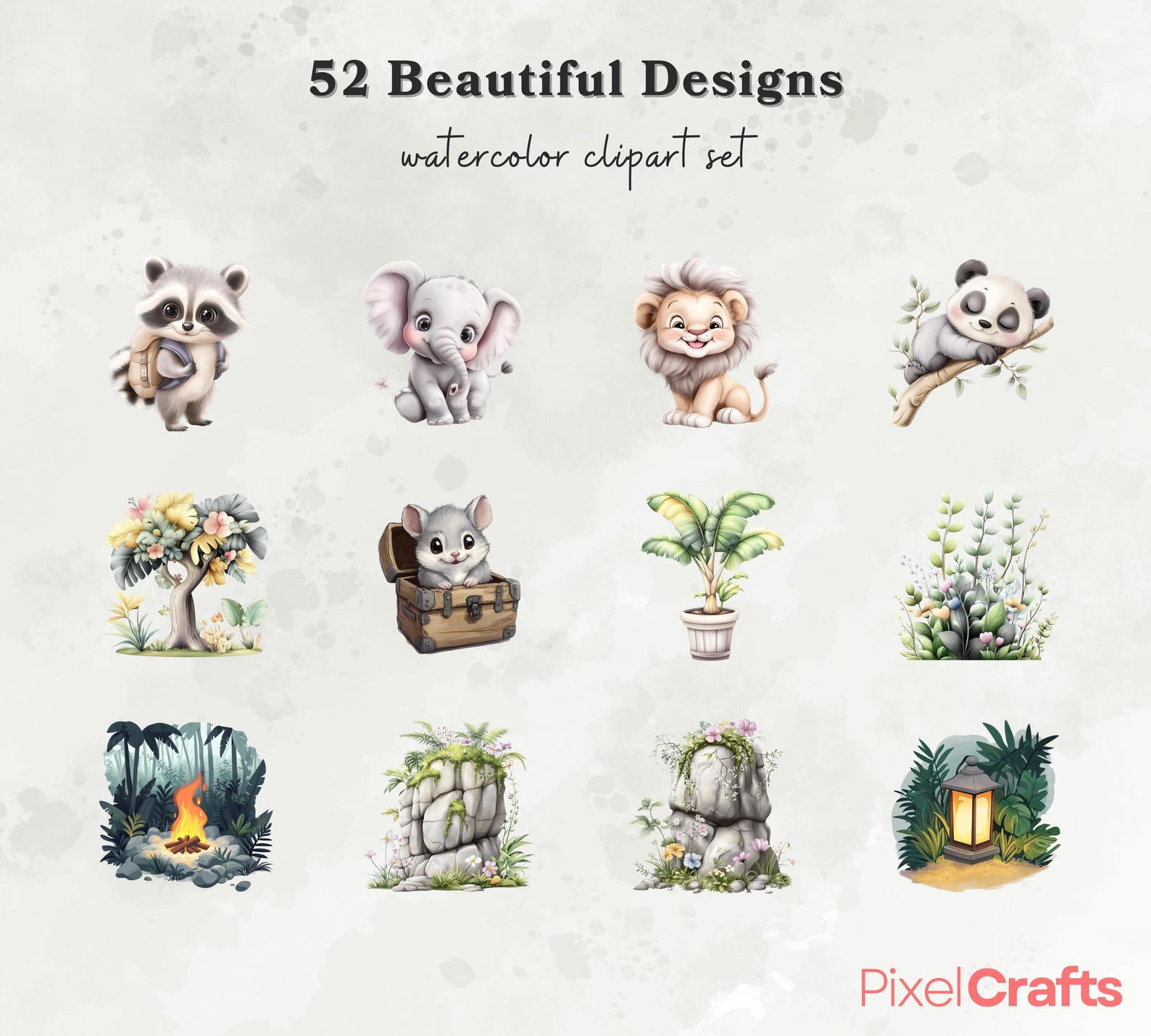 Watercolor Jungle Clipart Bundle, Safari Graphics, Cute Animals Png ...