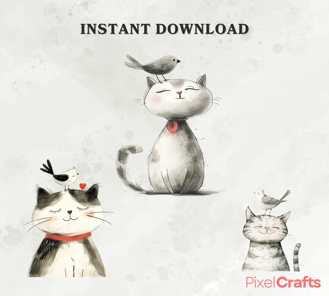 Cute Bird & Cats Clipart, Cute Cat Png, Watercolor Birds Bundle ...