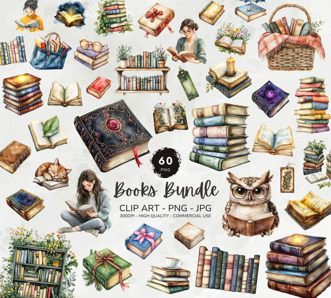 Books Clipart Bundle, Vintage Book Borders, Stacked Books Png, Cozy ...