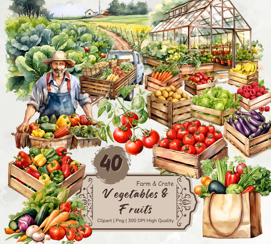 Watercolor Vegetables Clipart, Wooden Crate Fruits Clipart, Vegetable ...