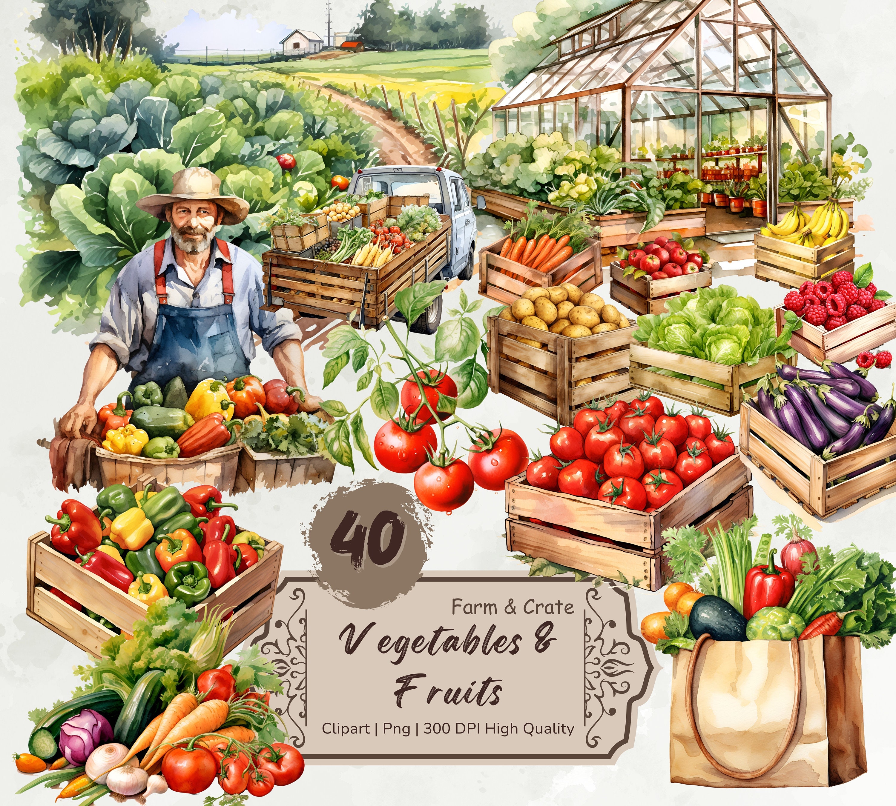 Watercolor Vegetables Clipart, Wooden Crate Fruits Clipart, Vegetable ...