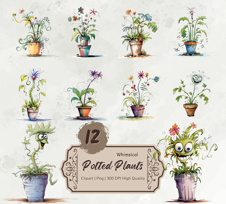 Whimsical Potted Plants Clipart, Quirky Funny Plants Png, Plant ...