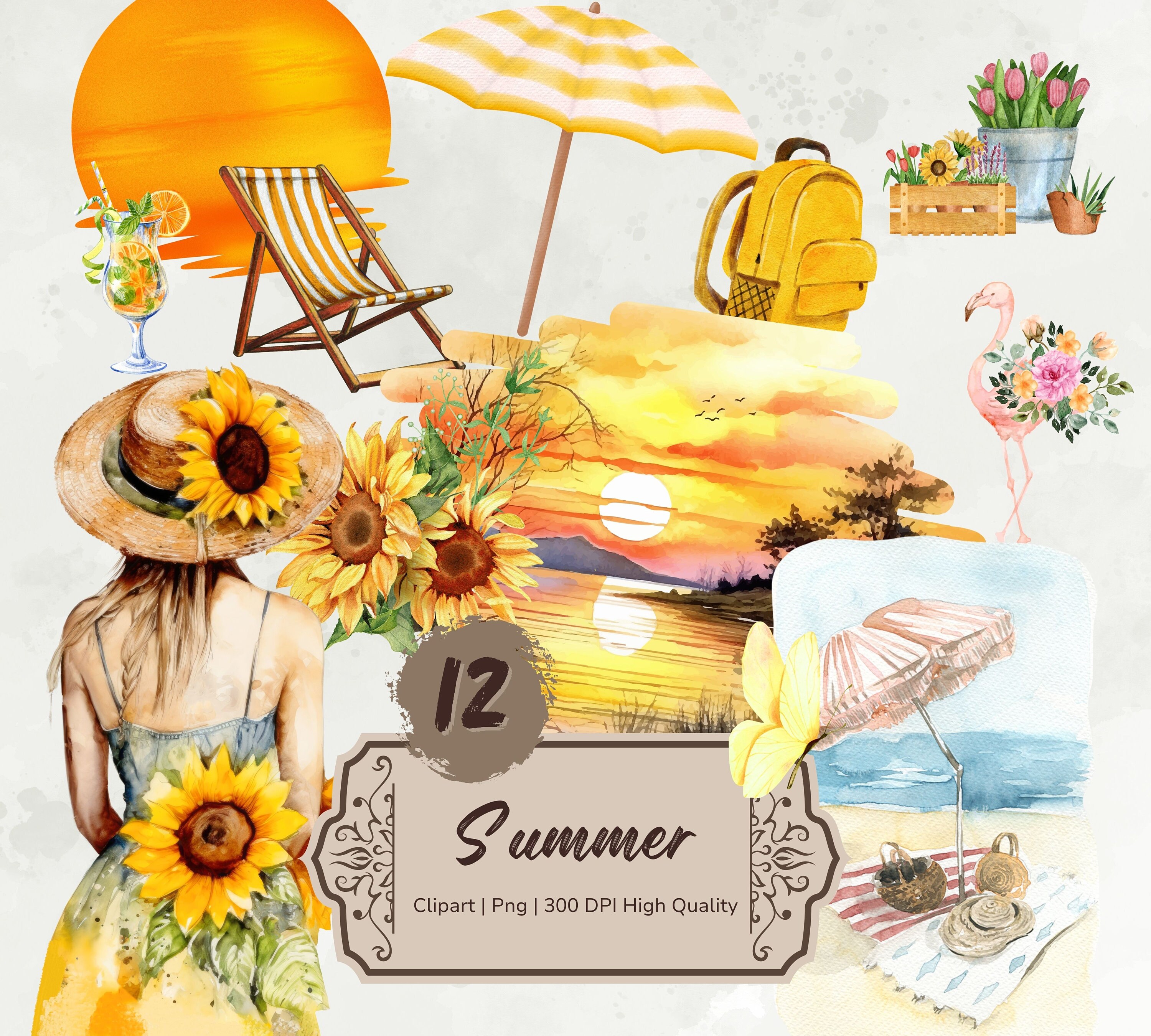 Watercolor Summer Clipart Bundle, Summer Seasonal Png Elements, Beach ...