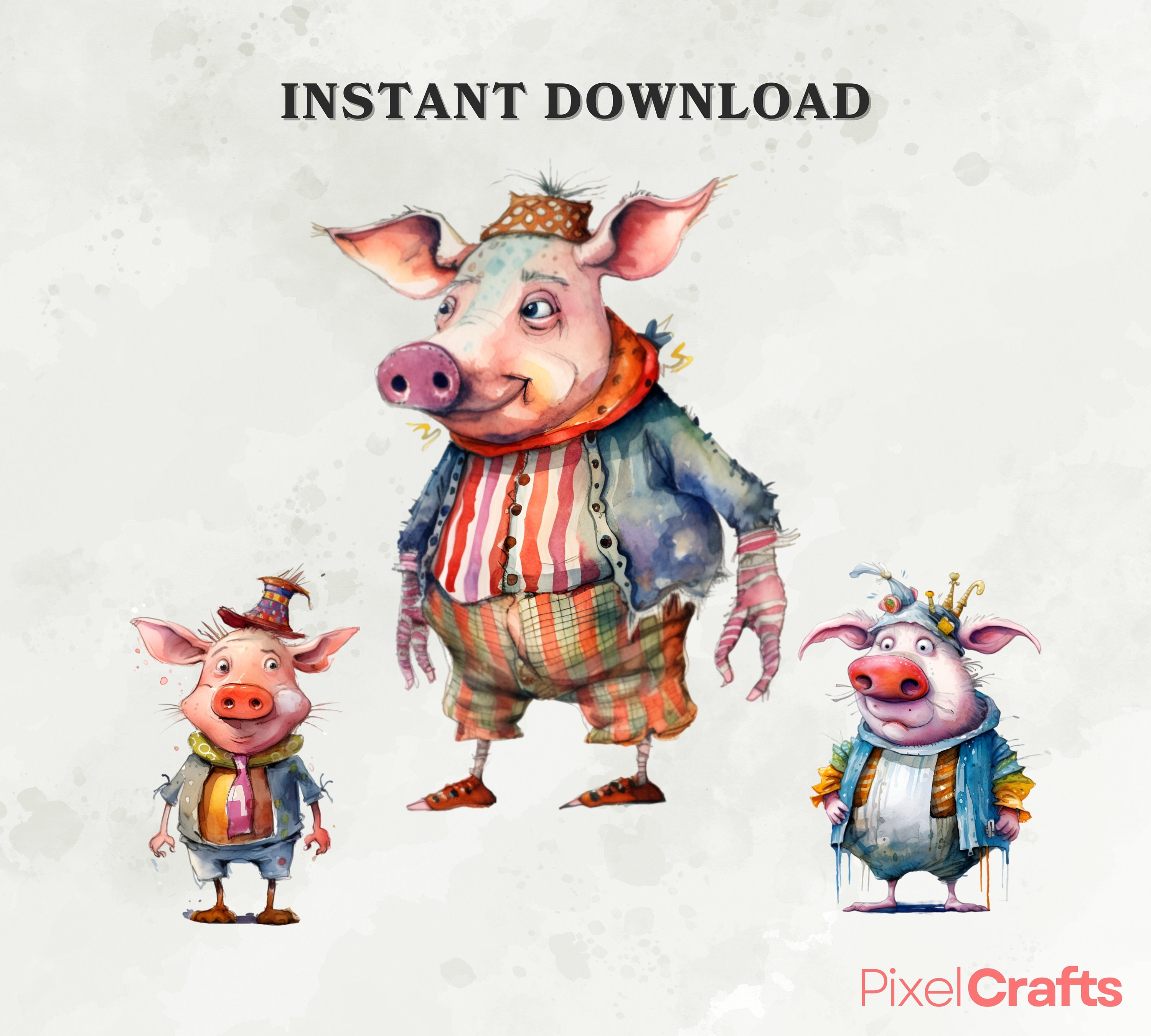Watercolor Funny Pig Clipart, Whimsical Cute Piglet Clipart, Quirky Pig ...