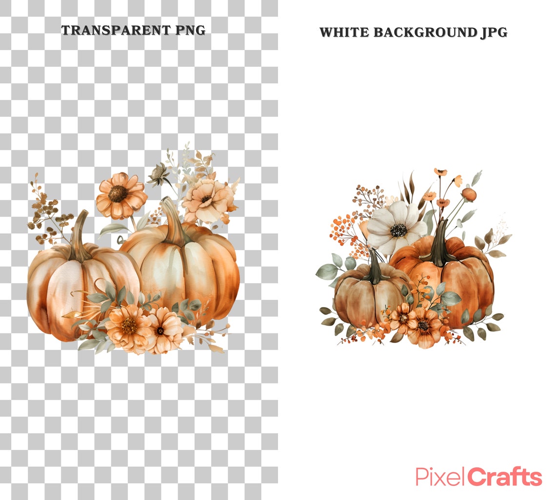 Floral Pumpkin Clipart, Fall Grapgics Png, Autumn Clipart, Watercolor ...