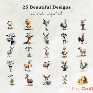 Watercolor Funny Farm Animals Clipart, Cute Cartoon Animals, Funny ...