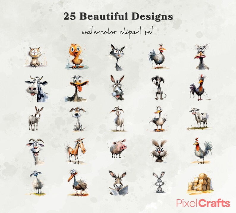 Watercolor Funny Farm Animals Clipart, Cute Cartoon Animals, Funny ...