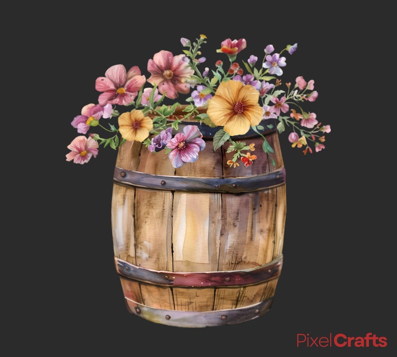 Floral Wooden Barrel Clipart, Garden Barrel, Floral Barrel Png, Spring ...