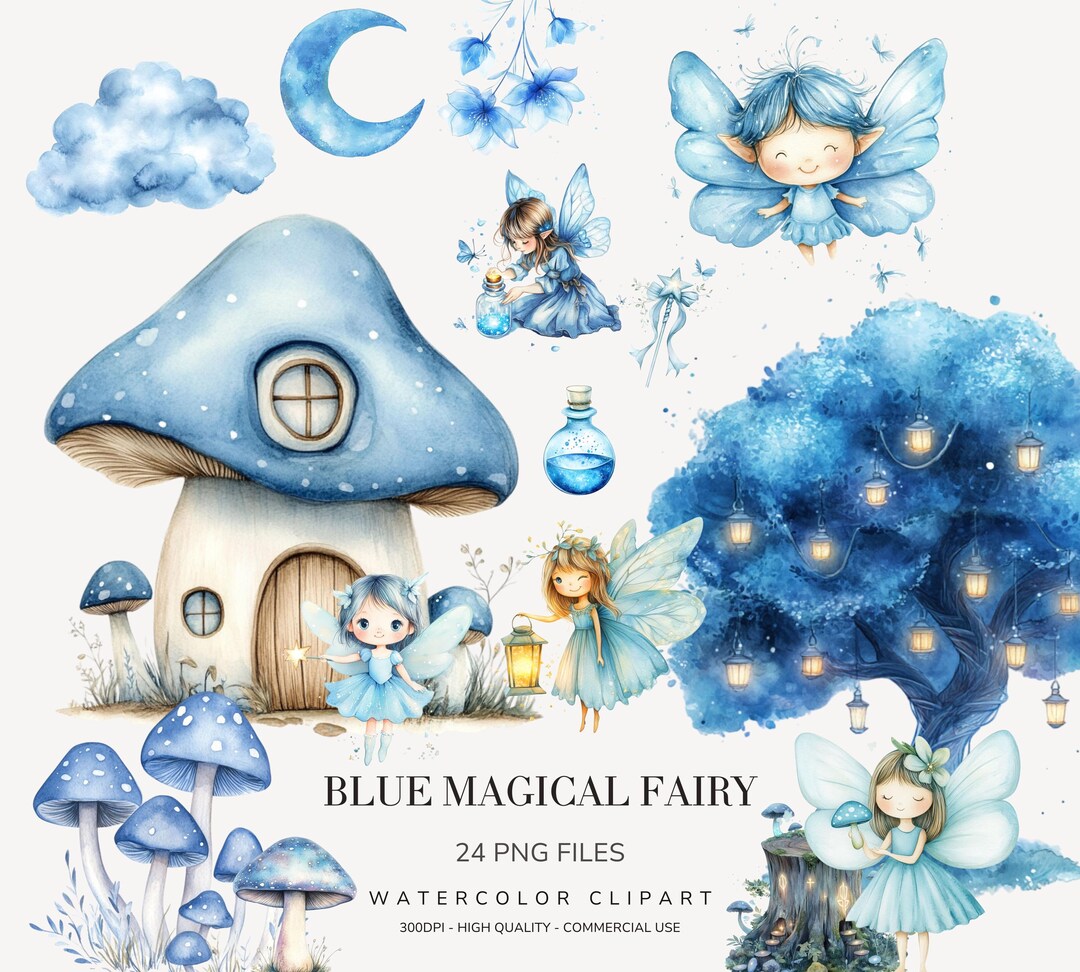 Watercolor Magical Fairies Clipart, Blue Fairy Nursery Graphics, Cute ...