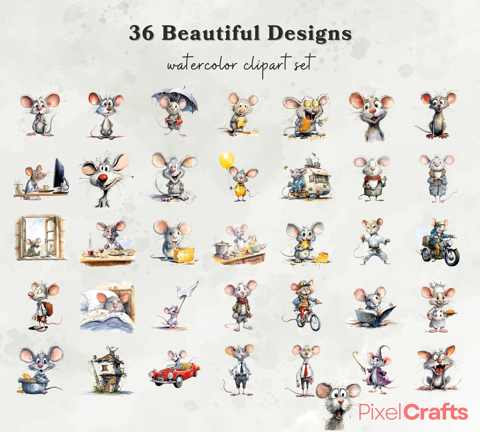 Watercolor Funny Mouse Clipart, Cute Cartoon Mice, Quirky Mouse Png ...