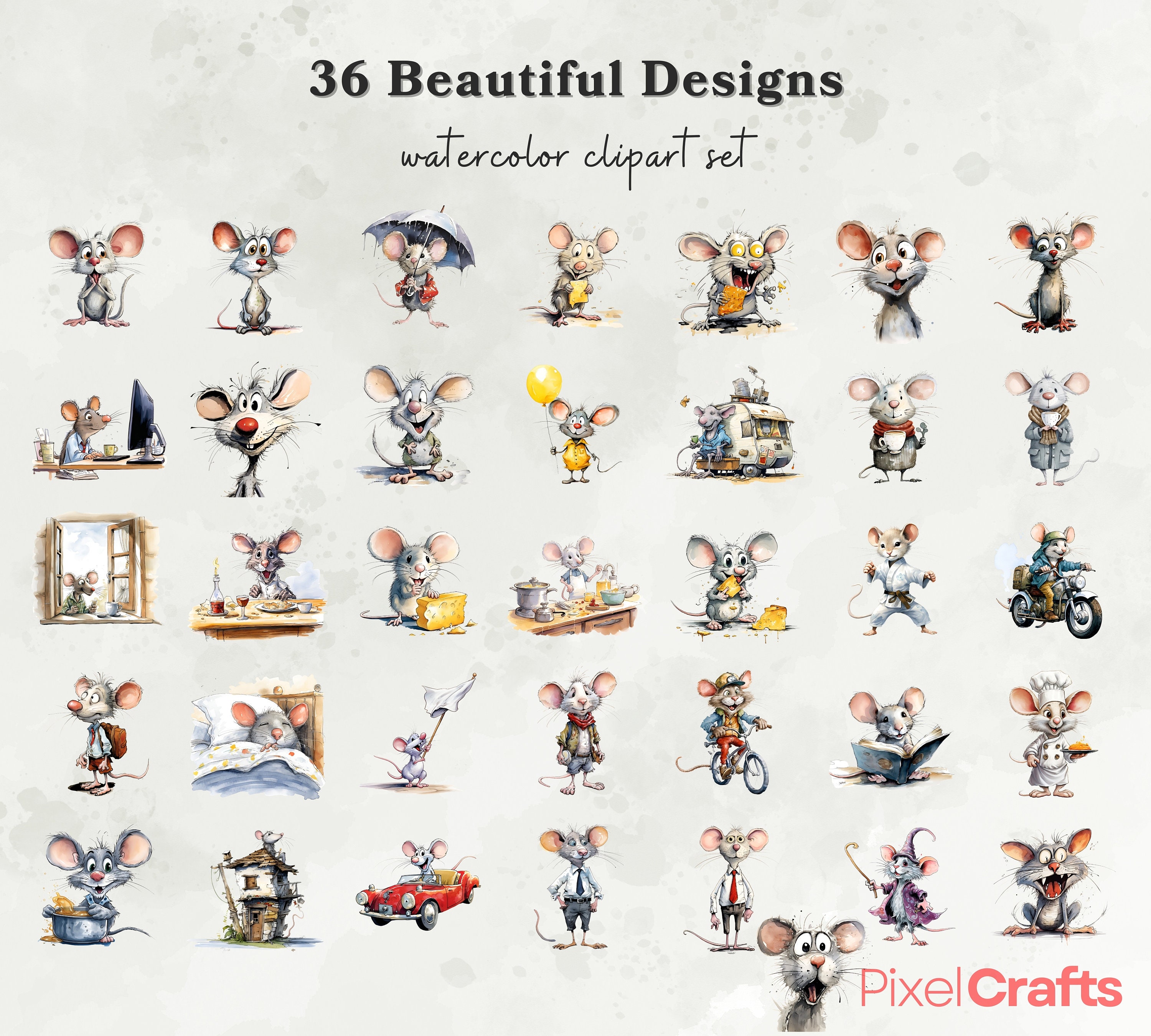 Watercolor Funny Mouse Clipart, Cute Cartoon Mice, Quirky Mouse Png ...