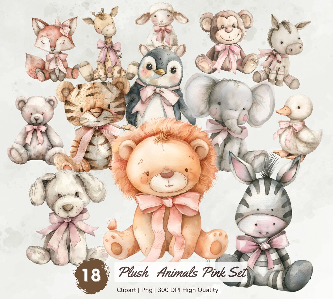 Watercolor Pink Plush Animals Clipart, Vintage Nursery Animal Clipart ...