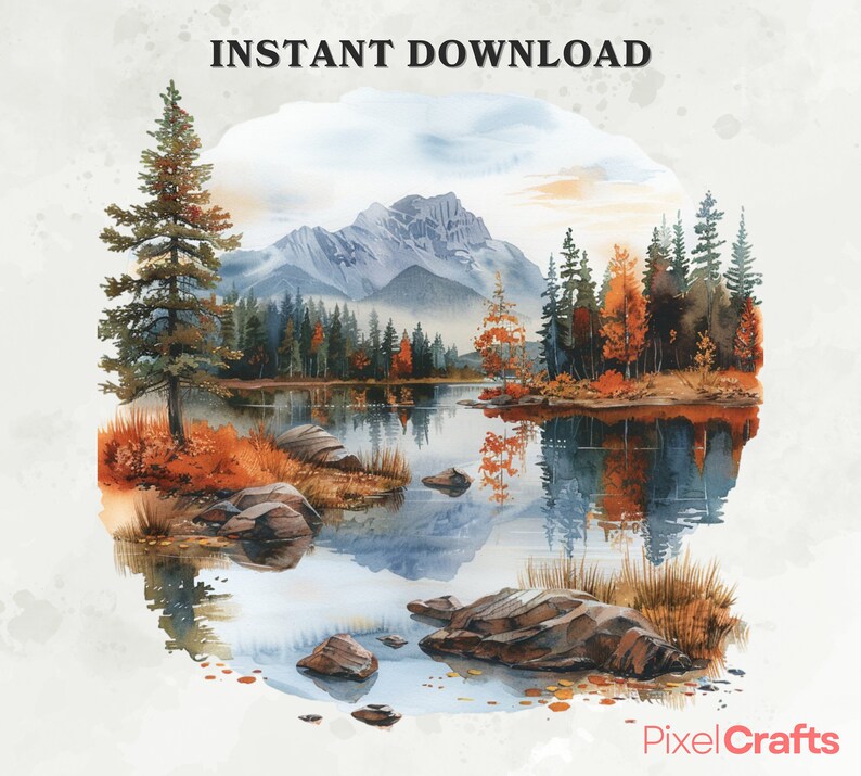 Watercolor Autumn Landscape Clipart, Autumn Lakeside Clipart, Fall ...