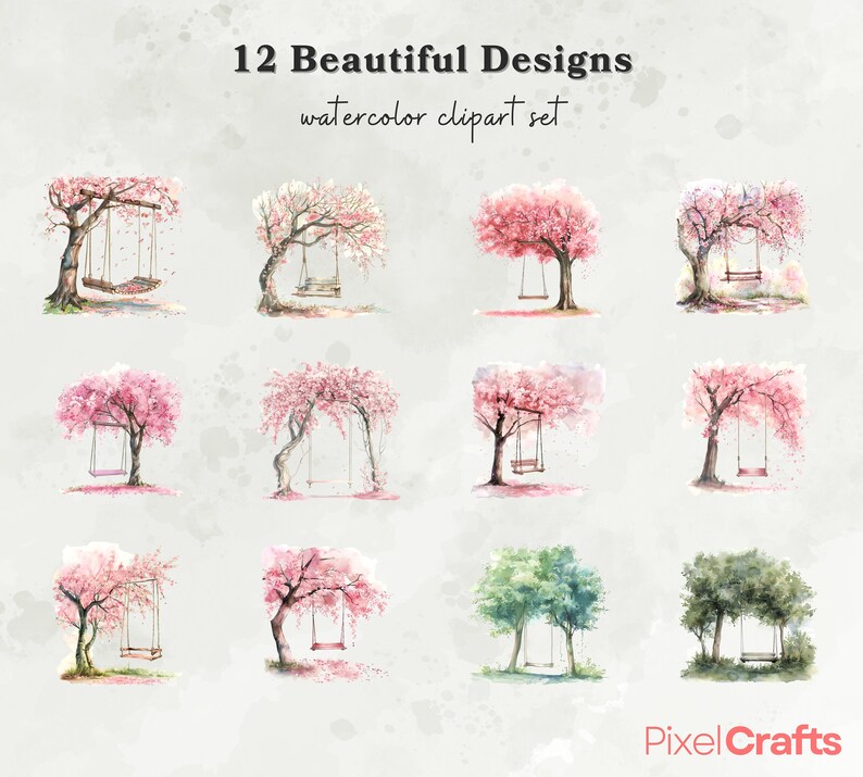 Swing in Pink Tree Clipart Bundle, Floral Swing, Blossom Trees ...