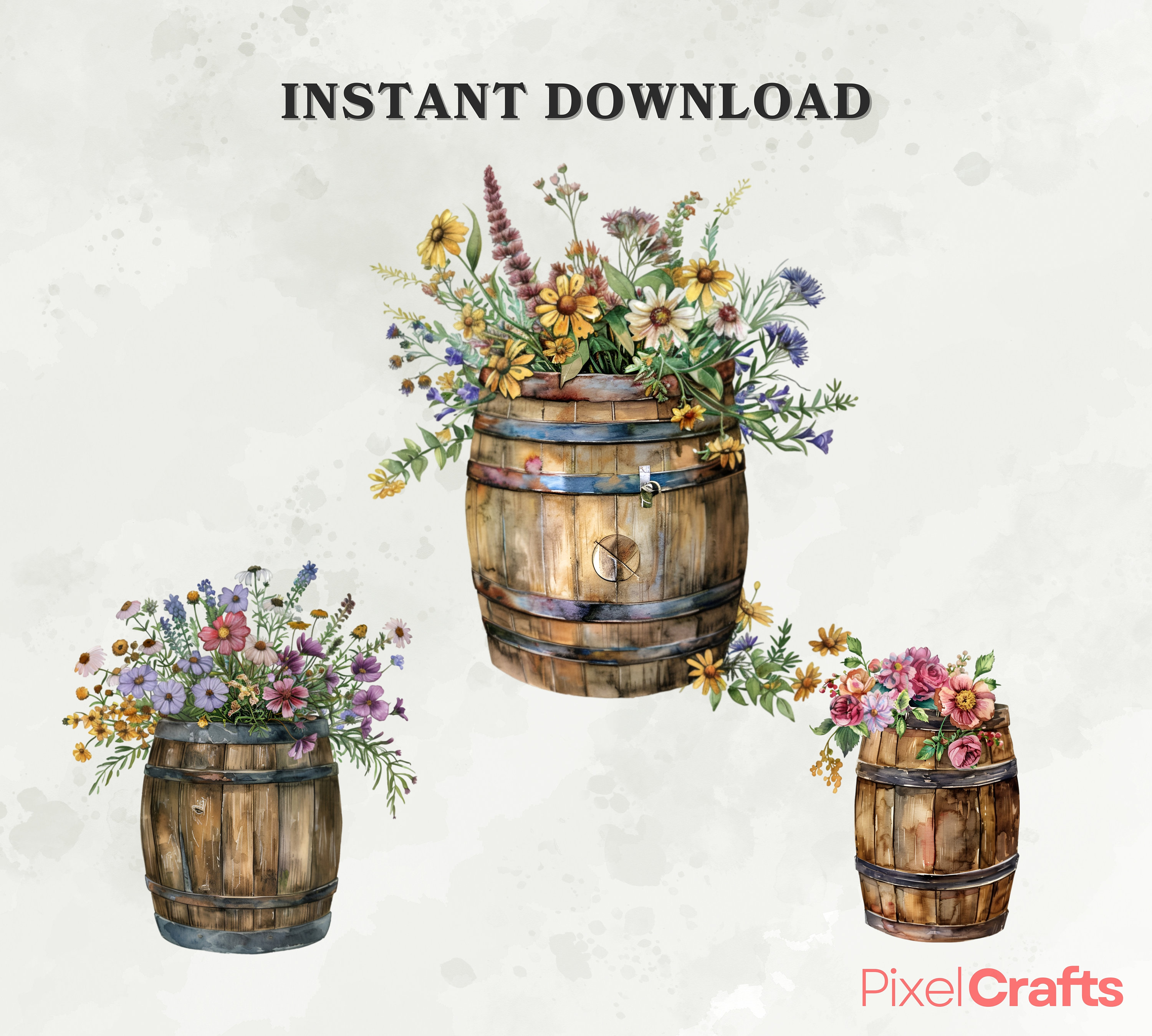 Floral Wooden Barrel Clipart, Garden Barrel, Floral Barrel Png, Spring ...