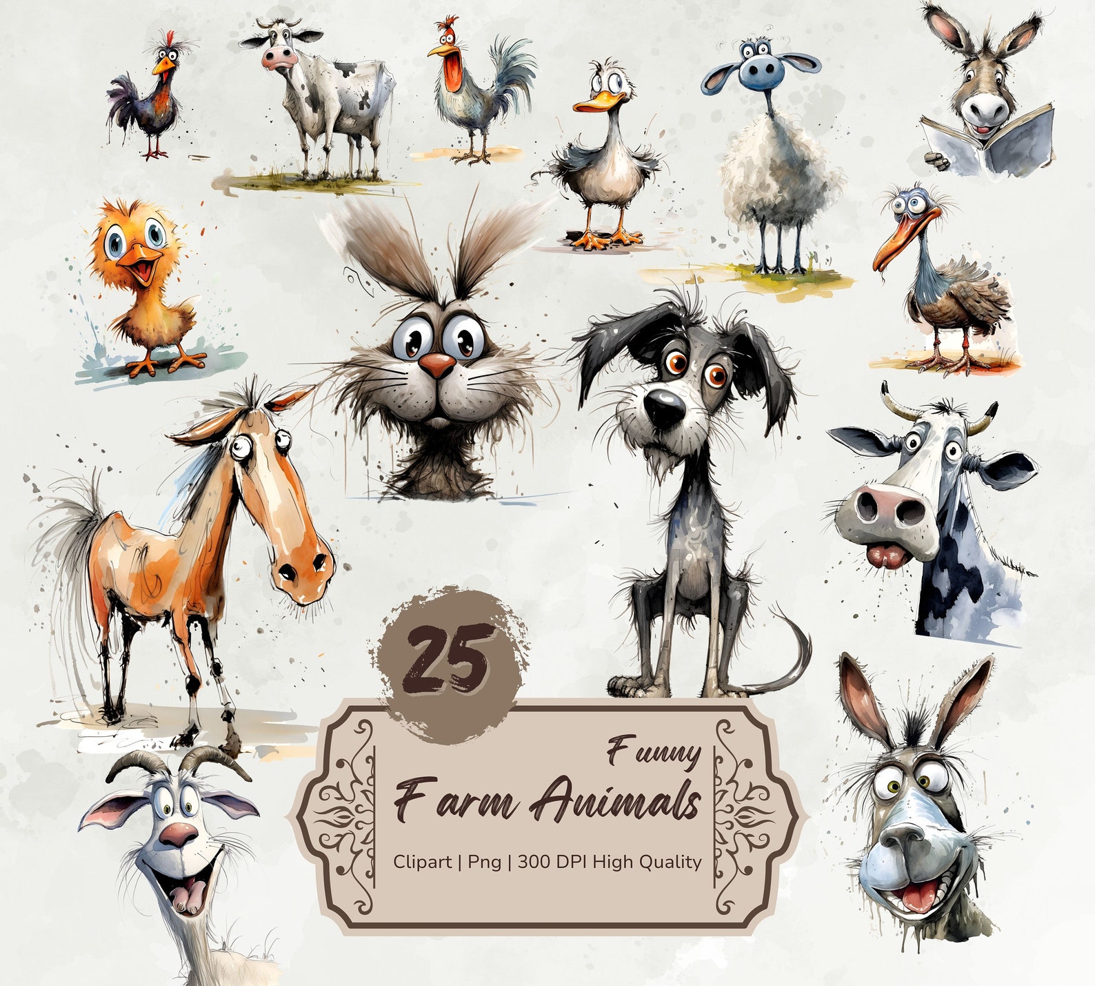 Watercolor Funny Farm Animals Clipart, Cute Cartoon Animals, Funny ...