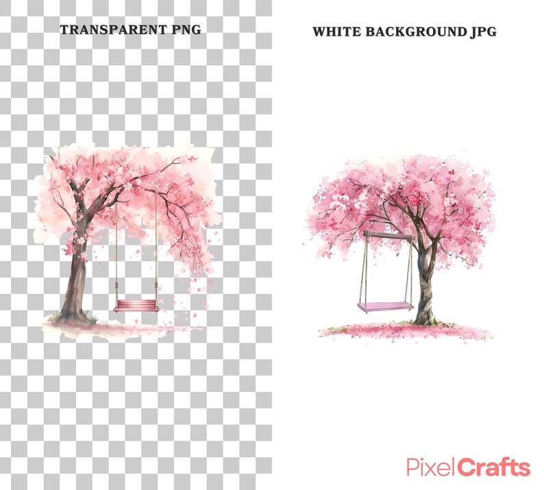 Swing in Pink Tree Clipart Bundle, Floral Swing, Blossom Trees ...