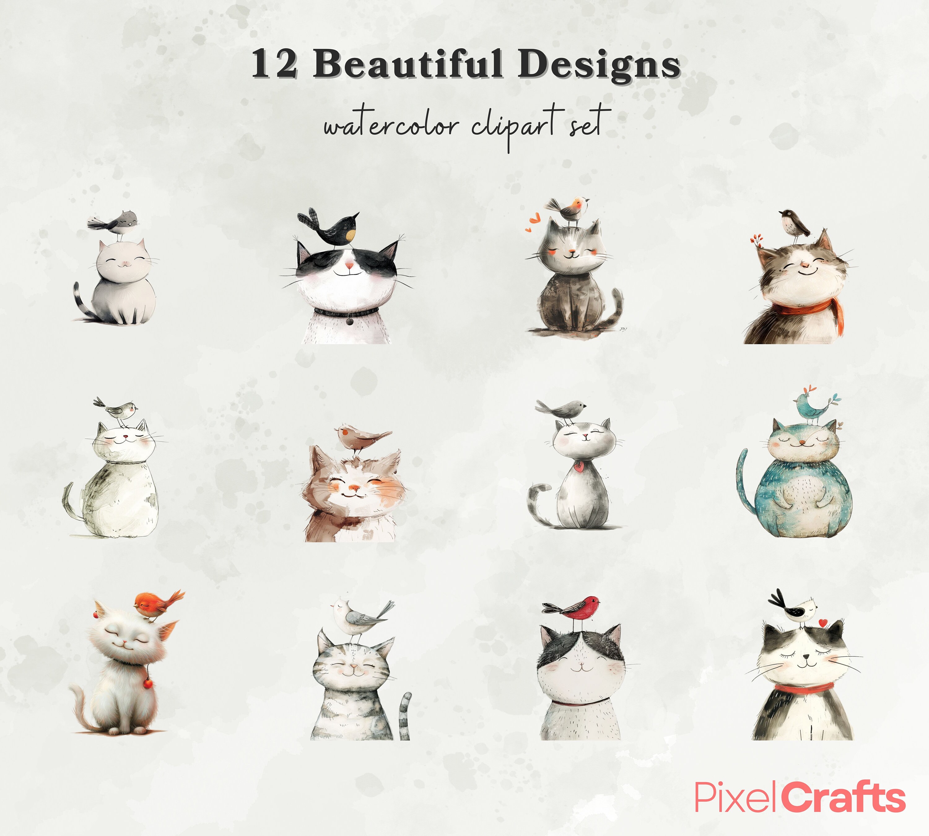 Cute Bird & Cats Clipart, Cute Cat Png, Watercolor Birds Bundle ...