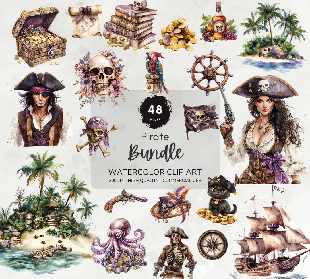 Watercolor Pirates Clipart Bundle, Nautical Clipart, Pirates Png Bundle ...