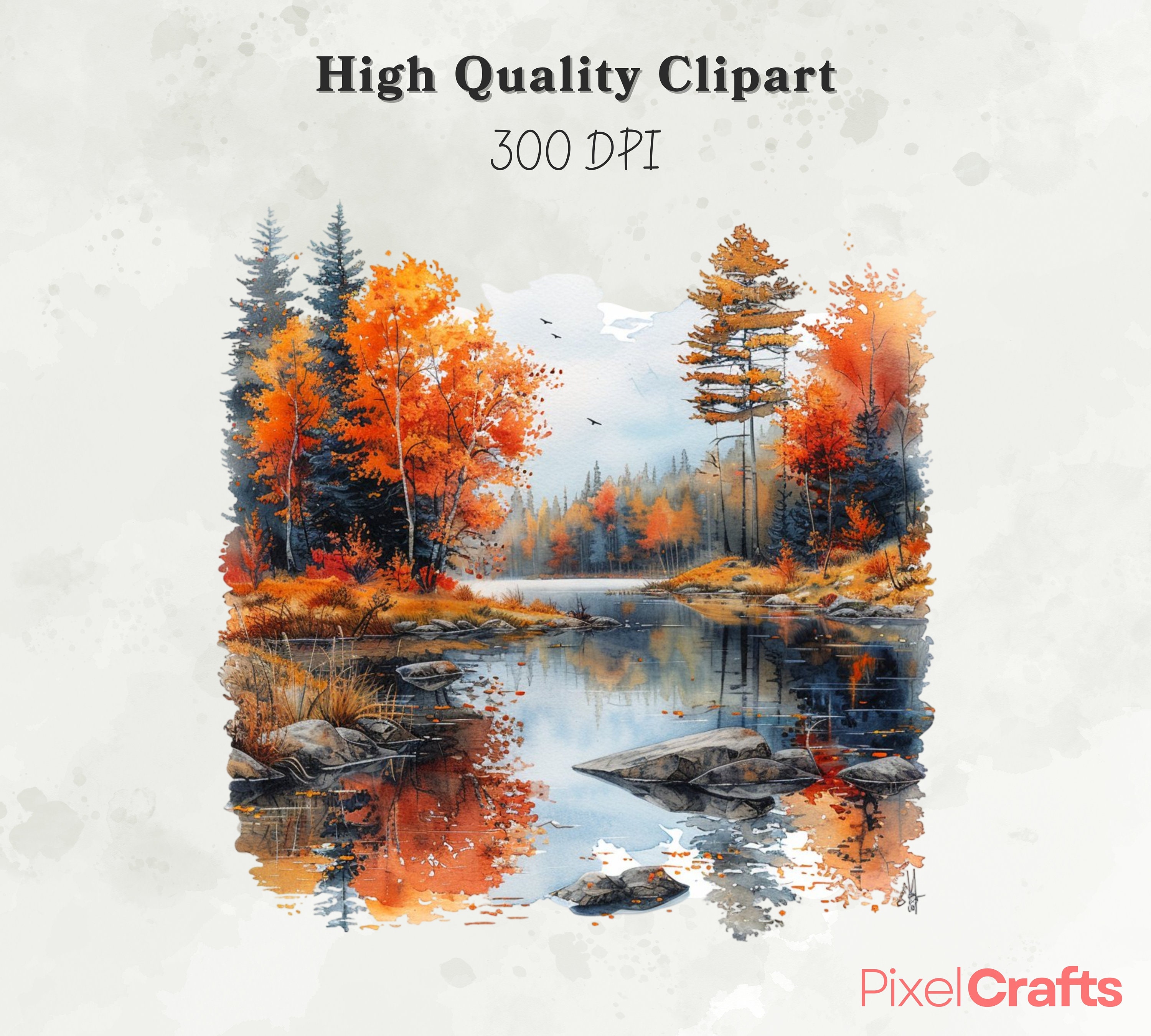 Watercolor Autumn Landscape Clipart, Autumn Lakeside Clipart, Fall ...