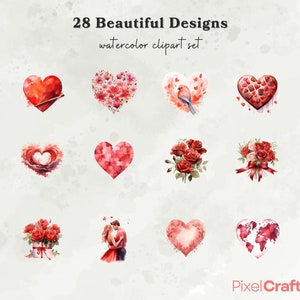 Valentines Clipart Bundle, Watercolor Valentines Day Png, Heart Clipart ...