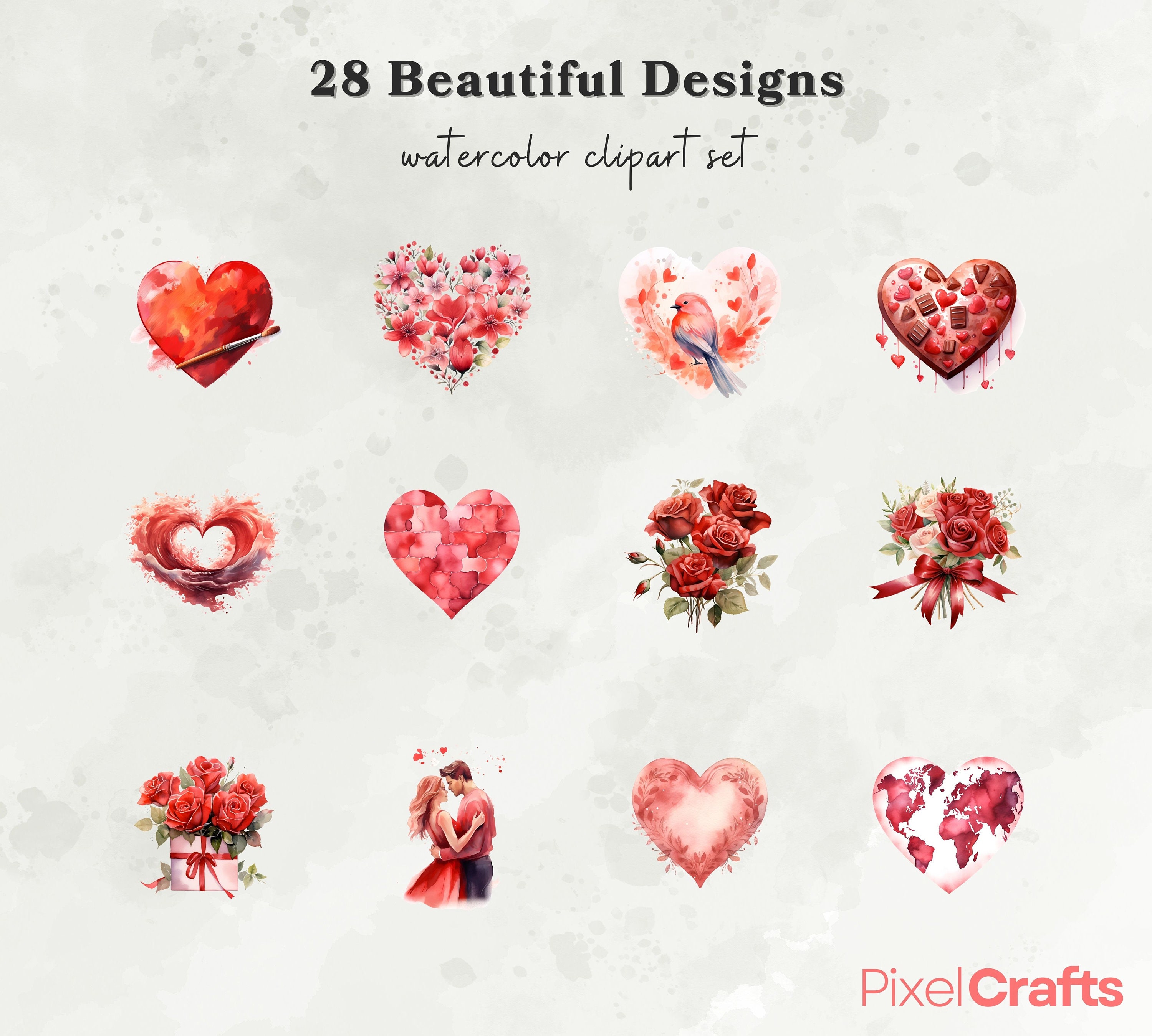 Valentines Clipart Bundle, Watercolor Valentines Day Png, Heart Clipart ...