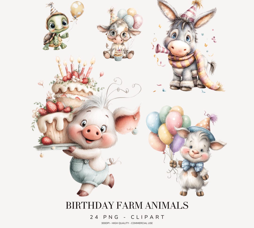 Whimsical Birthday Farm Animals Clipart Bundle, Watercolor Party ...