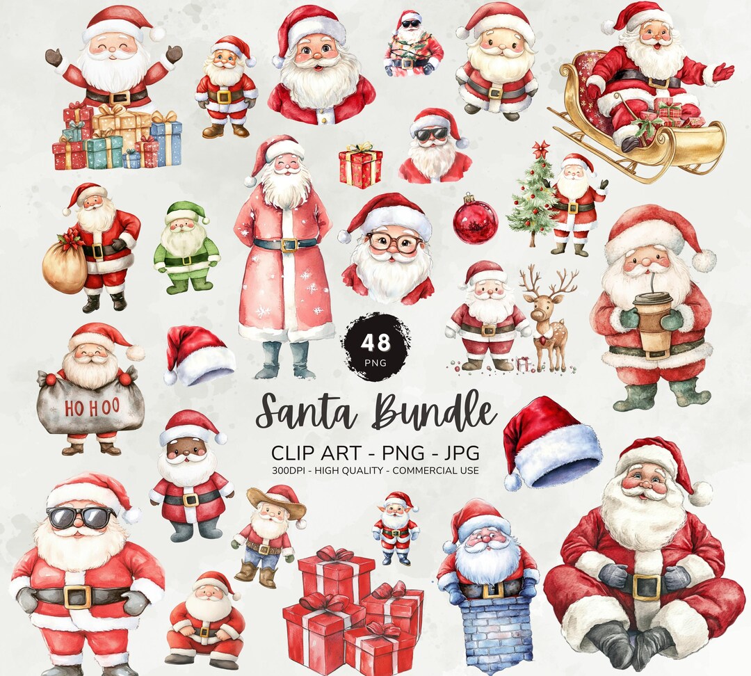 Santa Clipart Bundle, Christmas Clipart, Watercolor Santa Claus ...