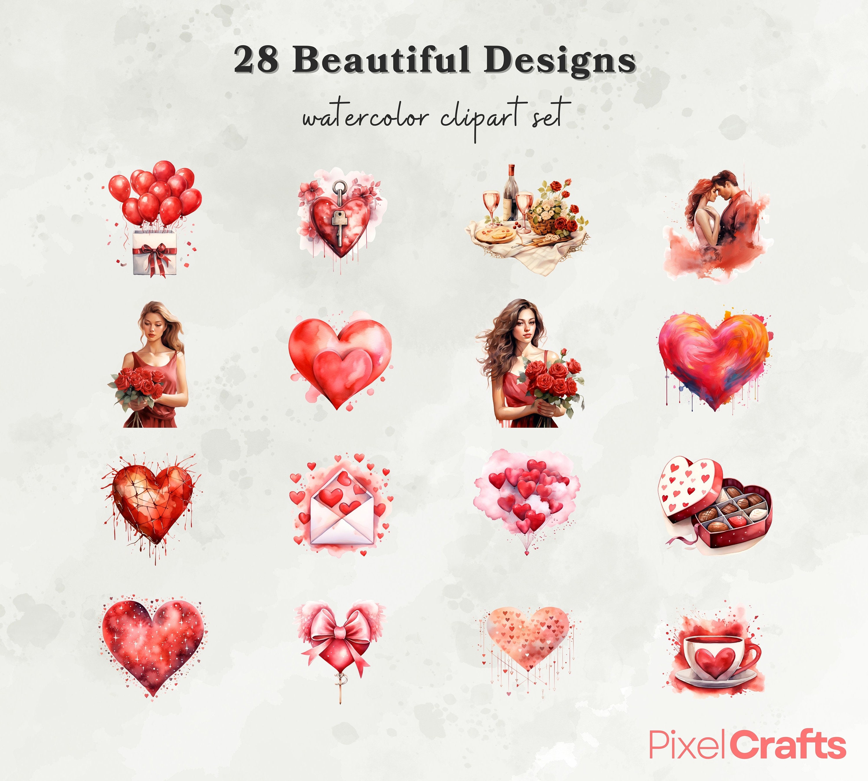 Valentines Clipart Bundle, Watercolor Valentines Day Png, Heart Clipart ...