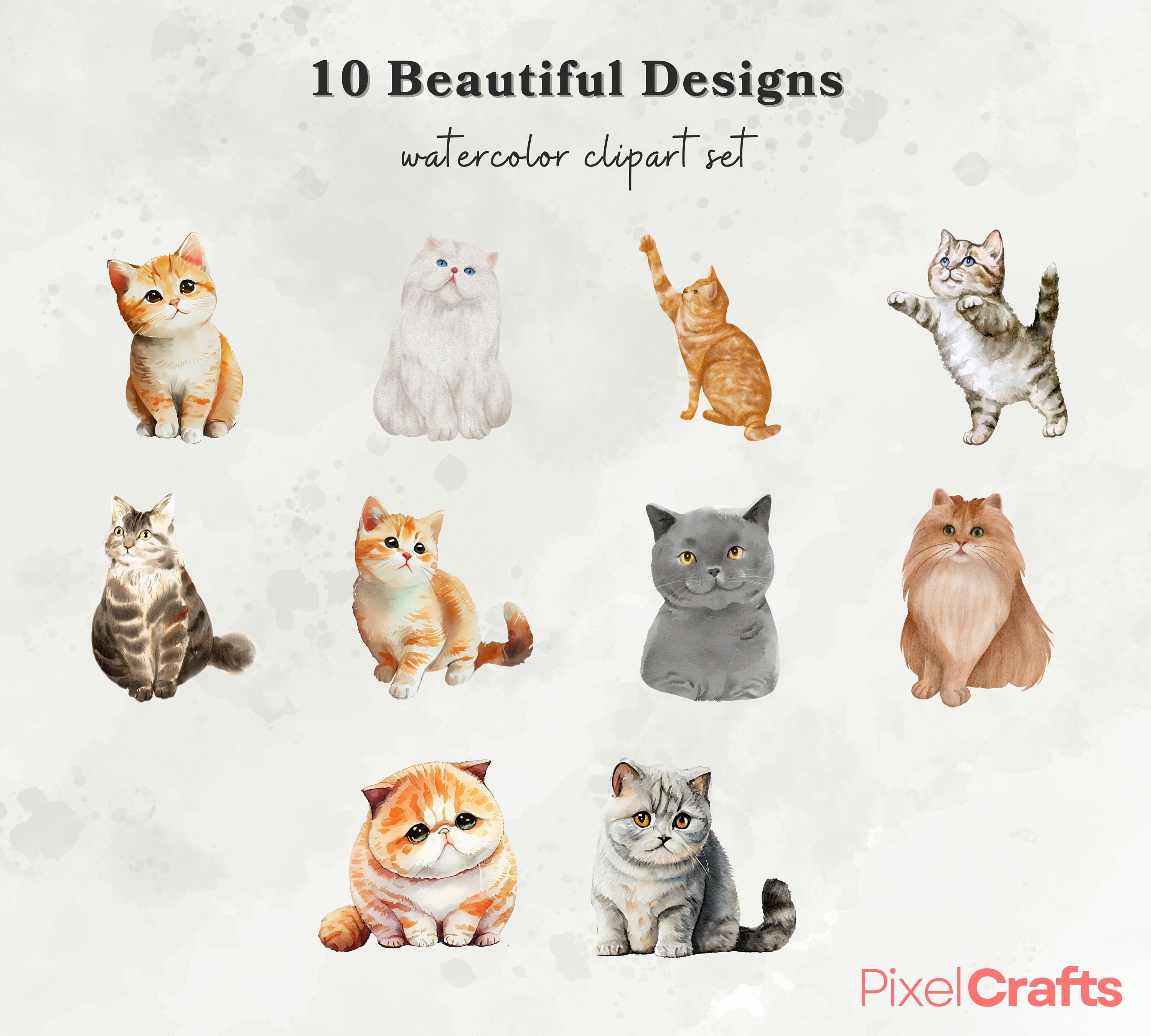 Cute Cats Clipart Bundle, Cats Watercolor Clipart, Animals Clipart ...