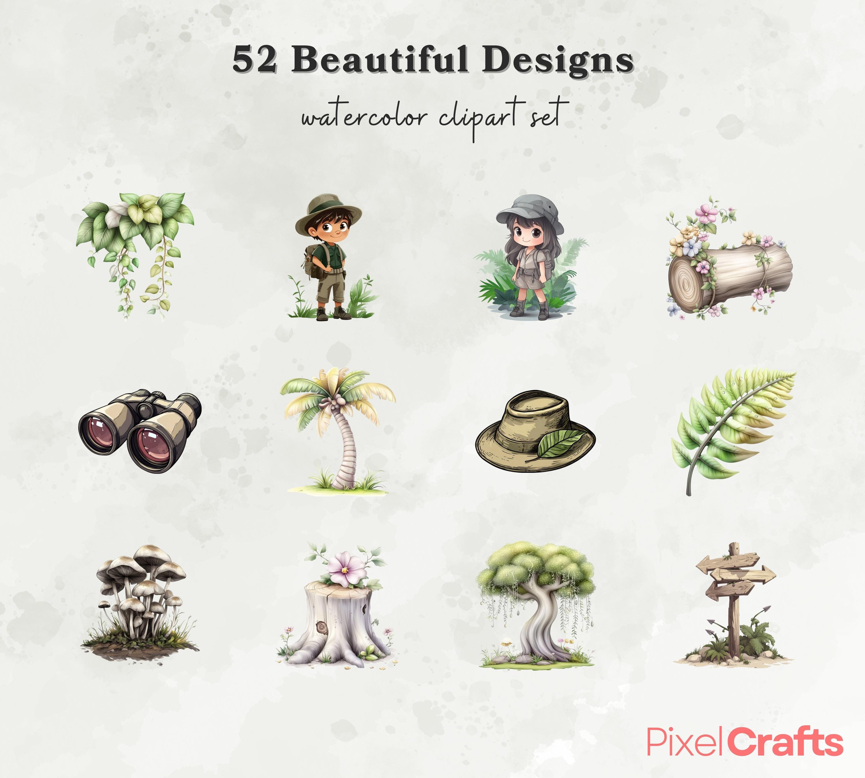 Watercolor Jungle Clipart Bundle, Safari Graphics, Cute Animals Png ...