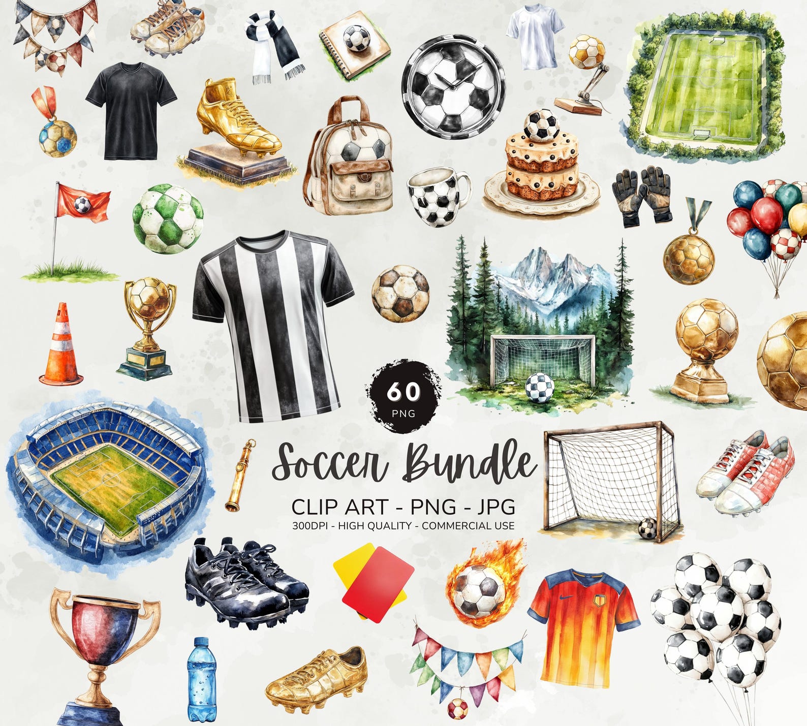 Soccer Clipart Bundle, Watercolor Football Clipart, Soccer Ball Clipart ...