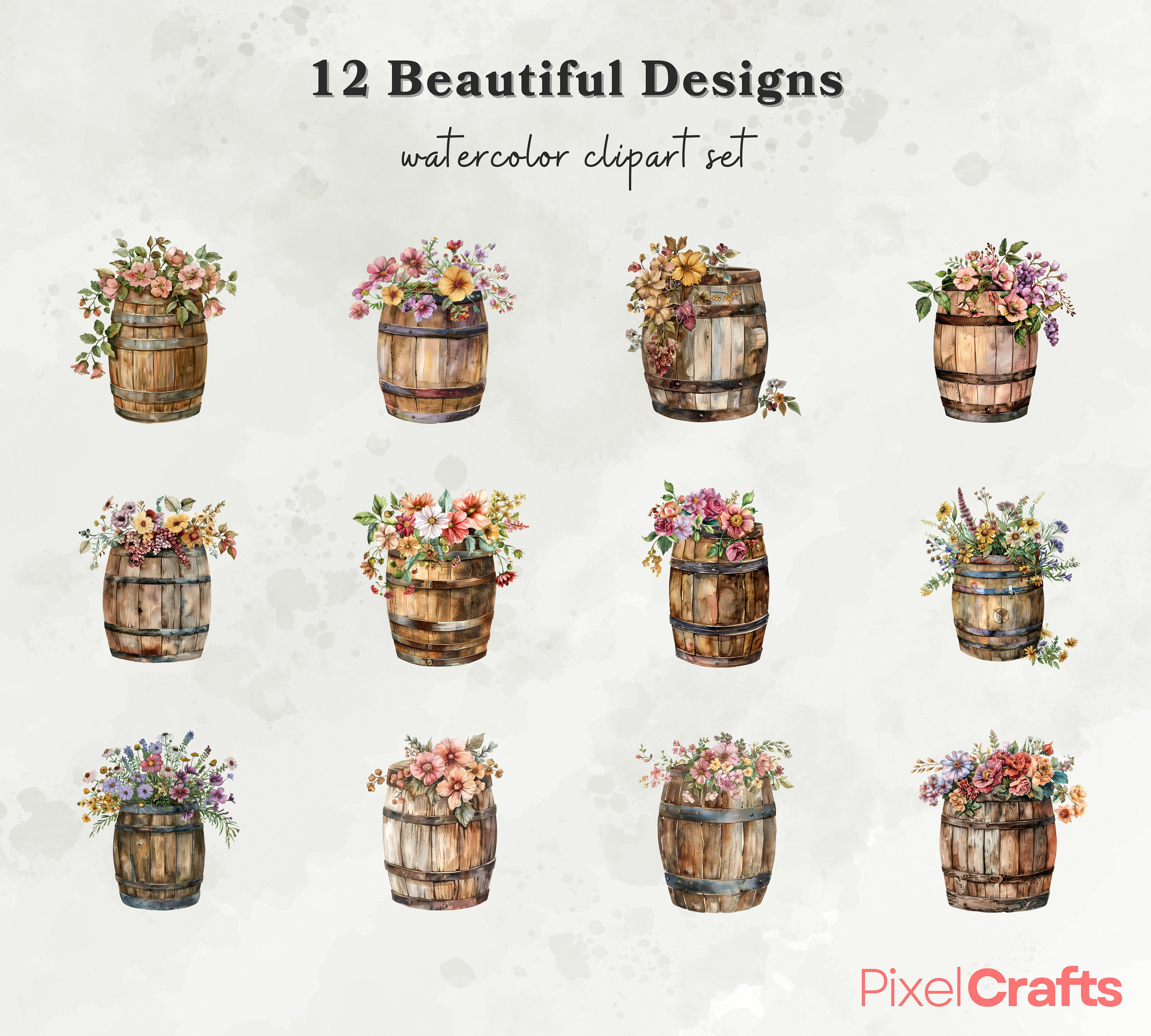 Floral Wooden Barrel Clipart, Garden Barrel, Floral Barrel Png, Spring ...