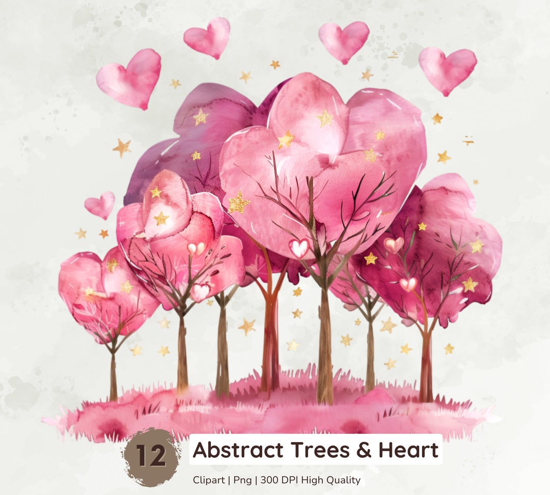 Watercolor Trees and Hearts Clipart, Abstract Heart Tree Png, Romantic ...