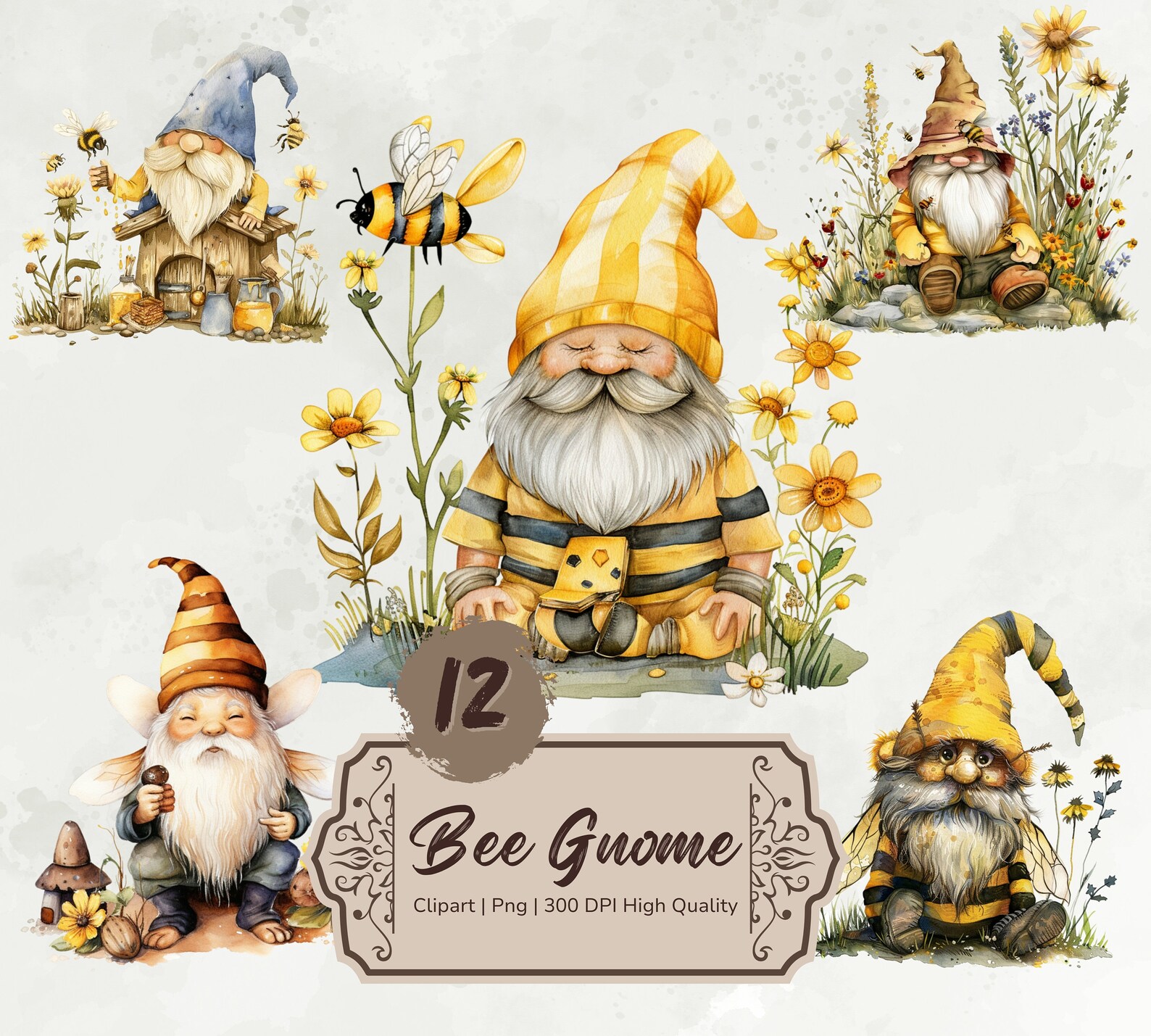 Watercolor Bee Gnome Clipart, Spring Gnomes Png, Gnome Graphics, Gnome ...