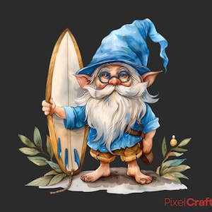 Watercolor Gnome Clipart, Surfer Gnome Clipart, Summer Gnome Png ...