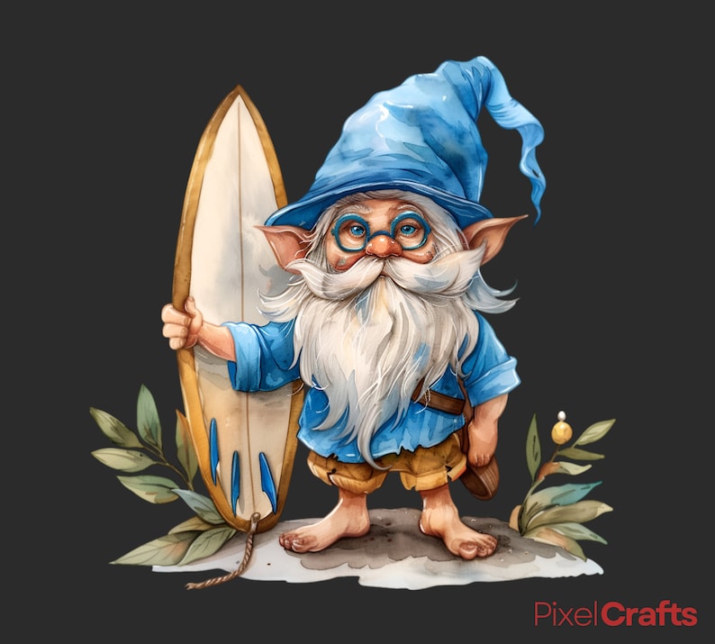 Watercolor Gnome Clipart, Surfer Gnome Clipart, Summer Gnome Png ...