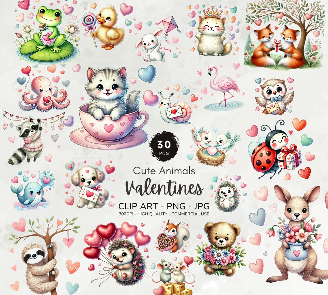 Valentine Cute Animal Clipart, Watercolor Valentines Clipart, Baby ...