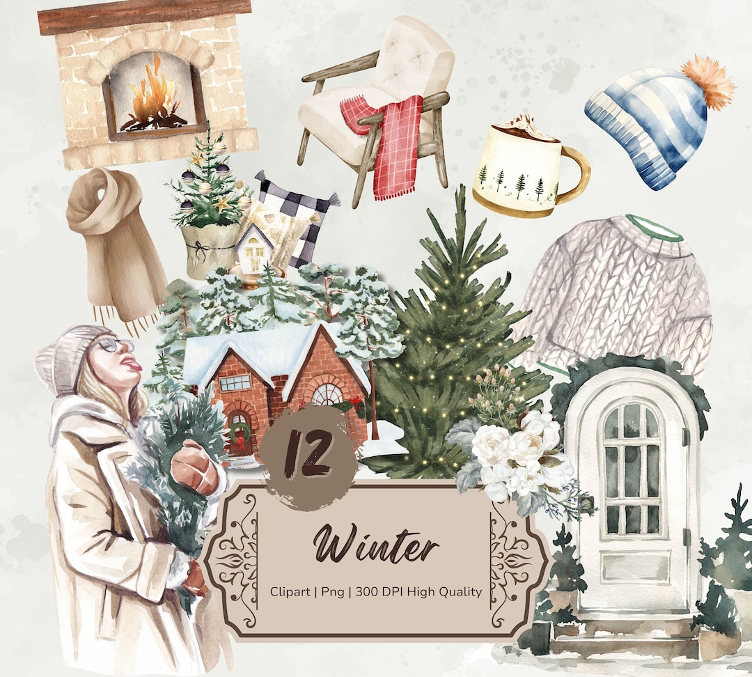 Watercolor Winter Clipart Bundle, Cozy Winter Season Png, Snow Winter ...