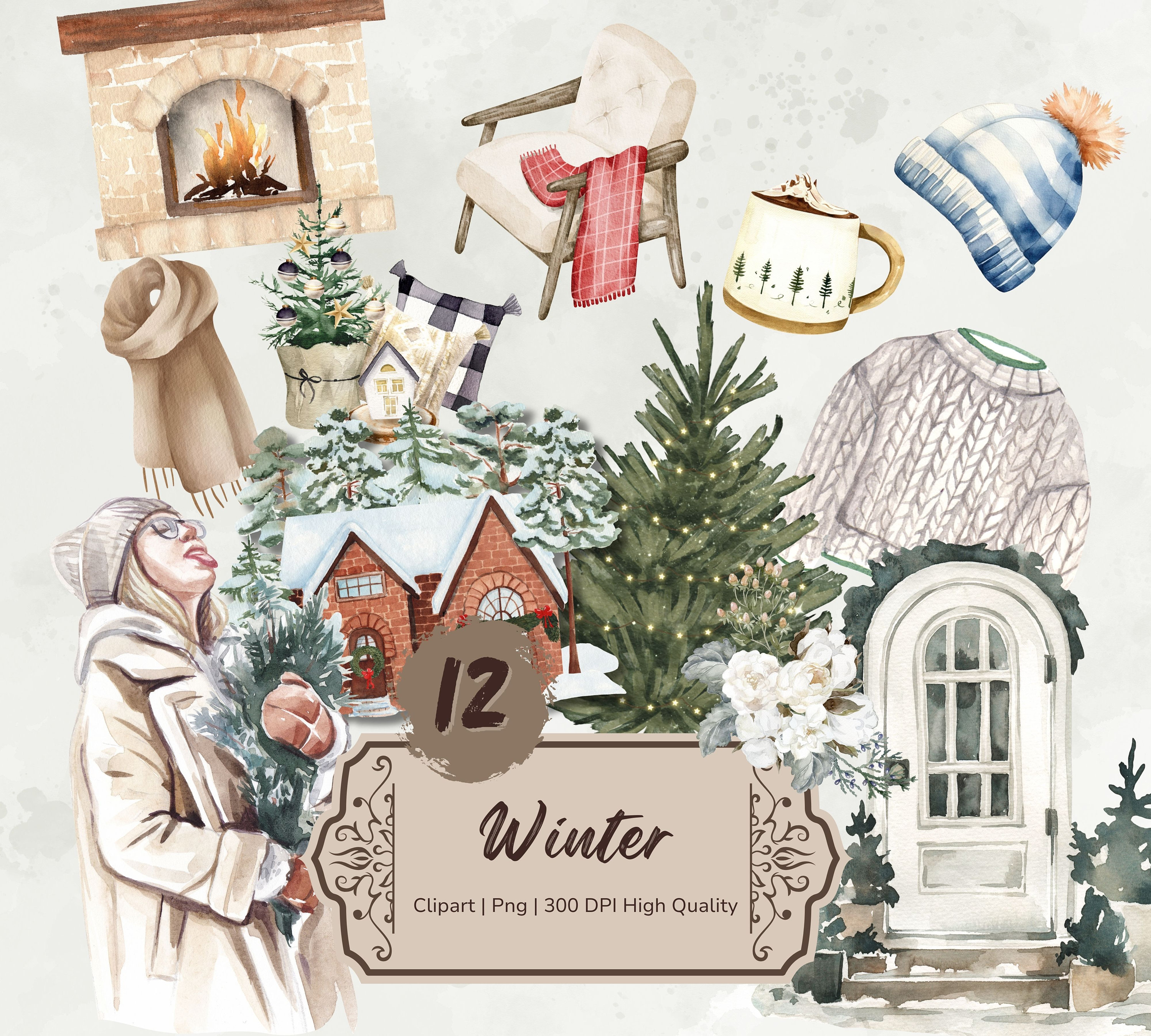 Watercolor Winter Clipart Bundle, Cozy Winter Season Png, Snow Winter ...