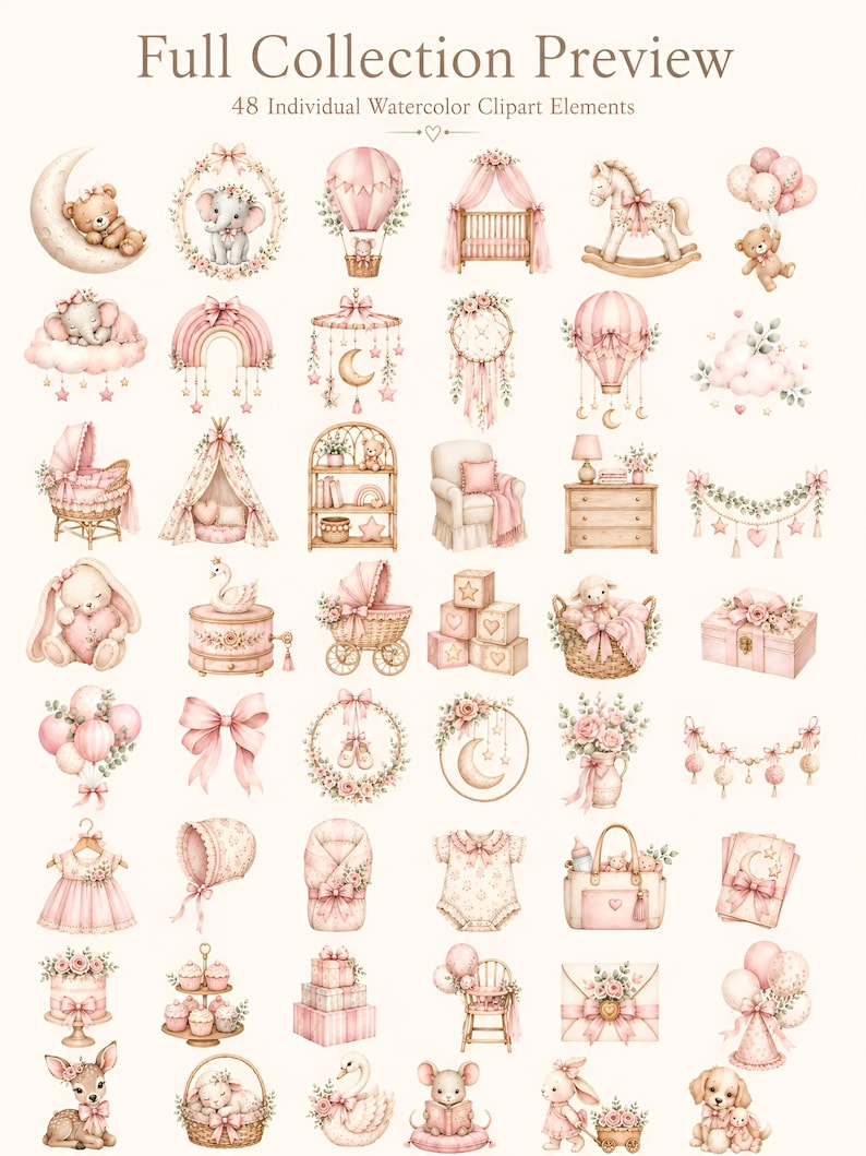 Watercolor Pink Nursery Clipart Bundle, Baby Girl PNG, Baby Shower ...