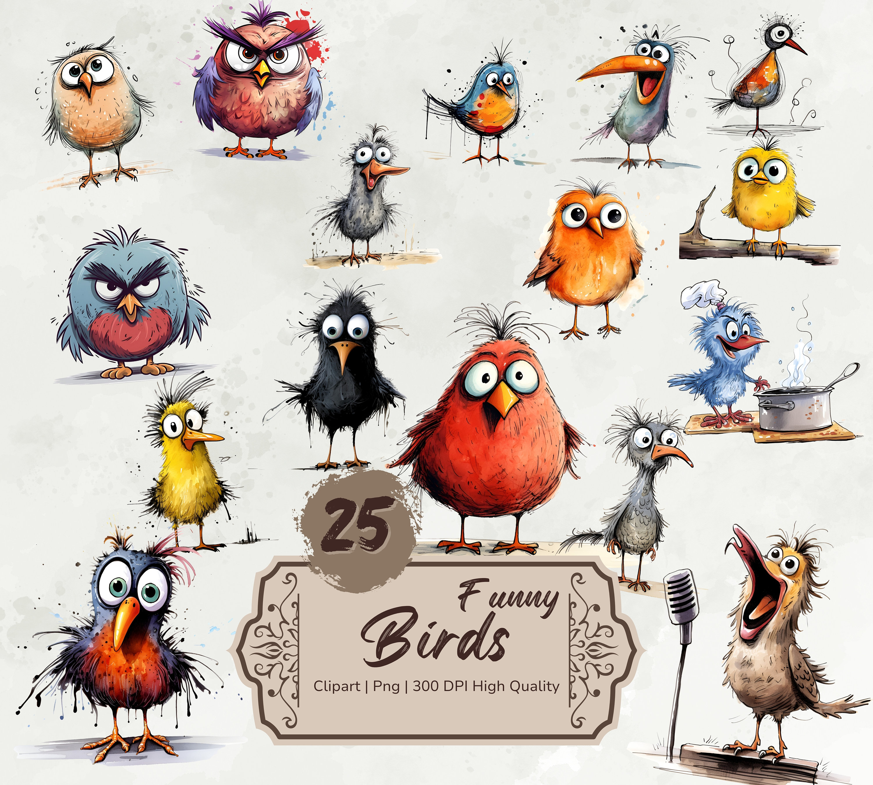 Watercolor Funny Little Birds Clipart, Cute Cartoon Birds, Quirky Bird ...