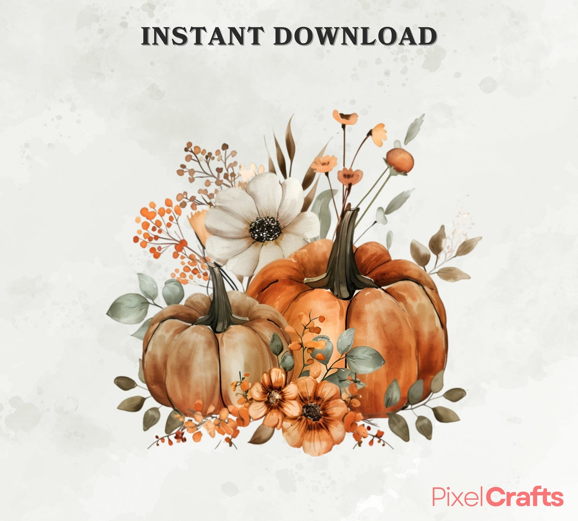 Floral Pumpkin Clipart, Fall Grapgics Png, Autumn Clipart, Watercolor ...