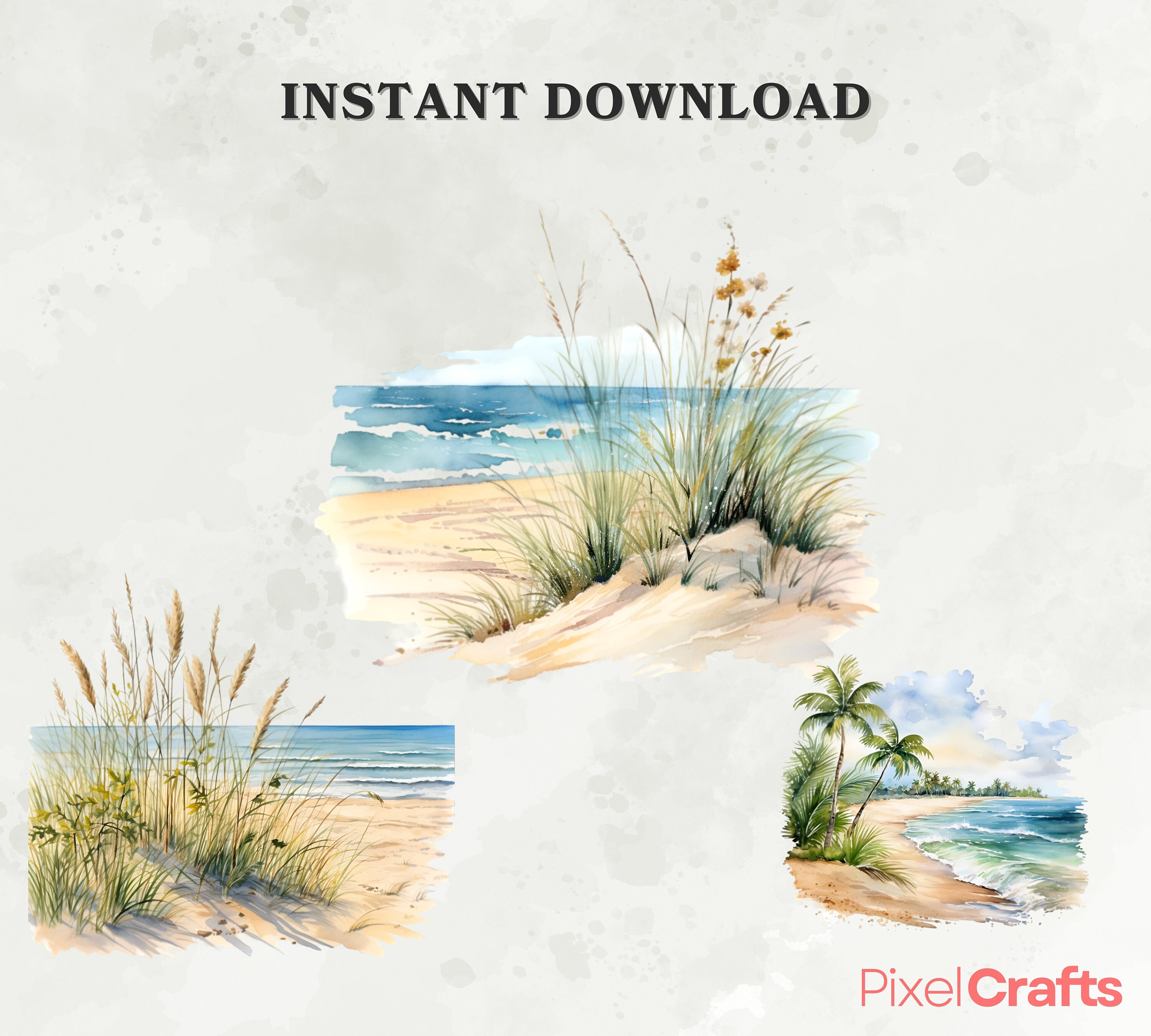 Watercolor Beach Clipart, Summer Clipart, Tropical Beach, Palms and ...
