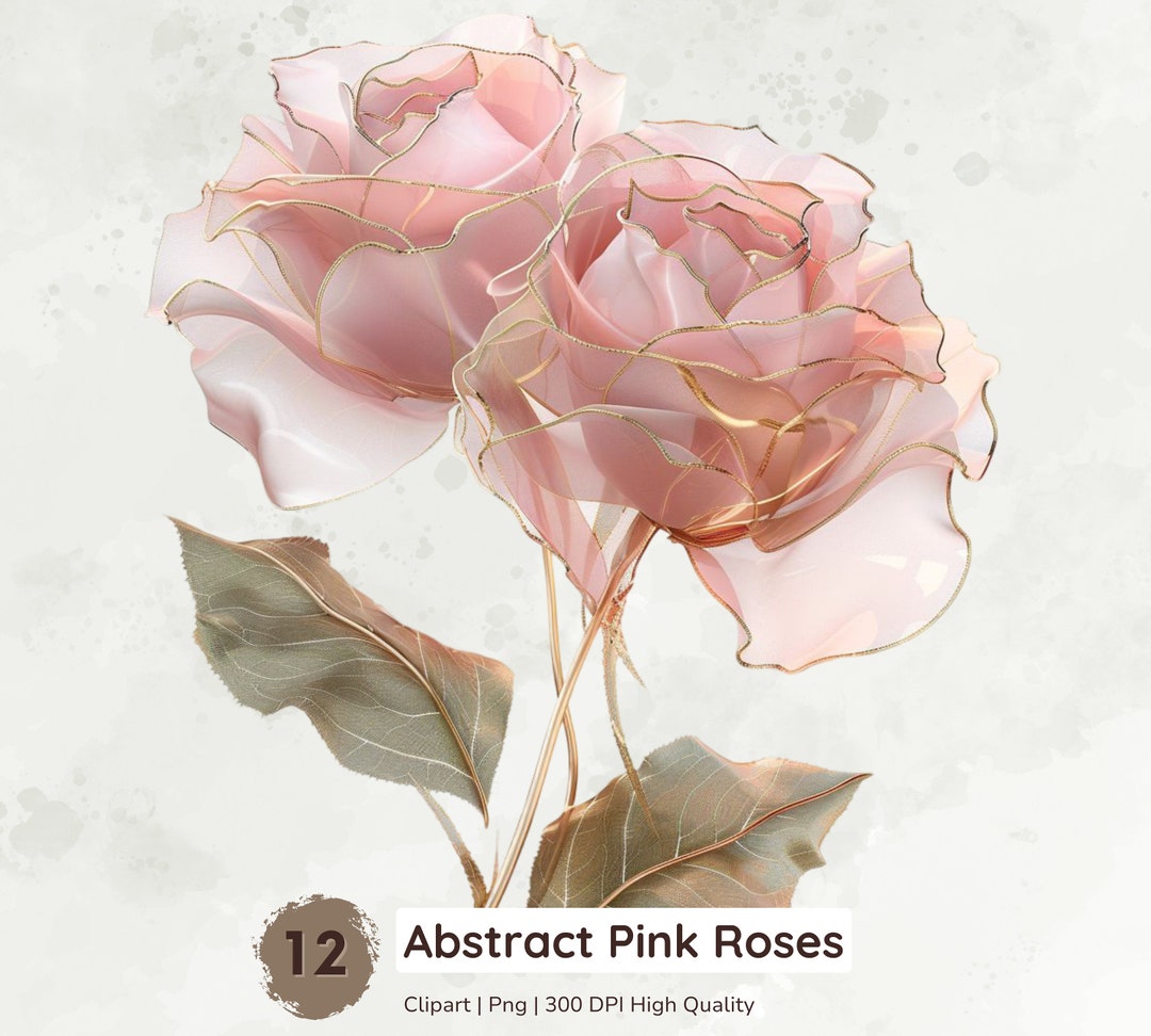 Abstract Pink Roses Clipart, Gold and Pink Roses Flowers Clipart Bundle ...