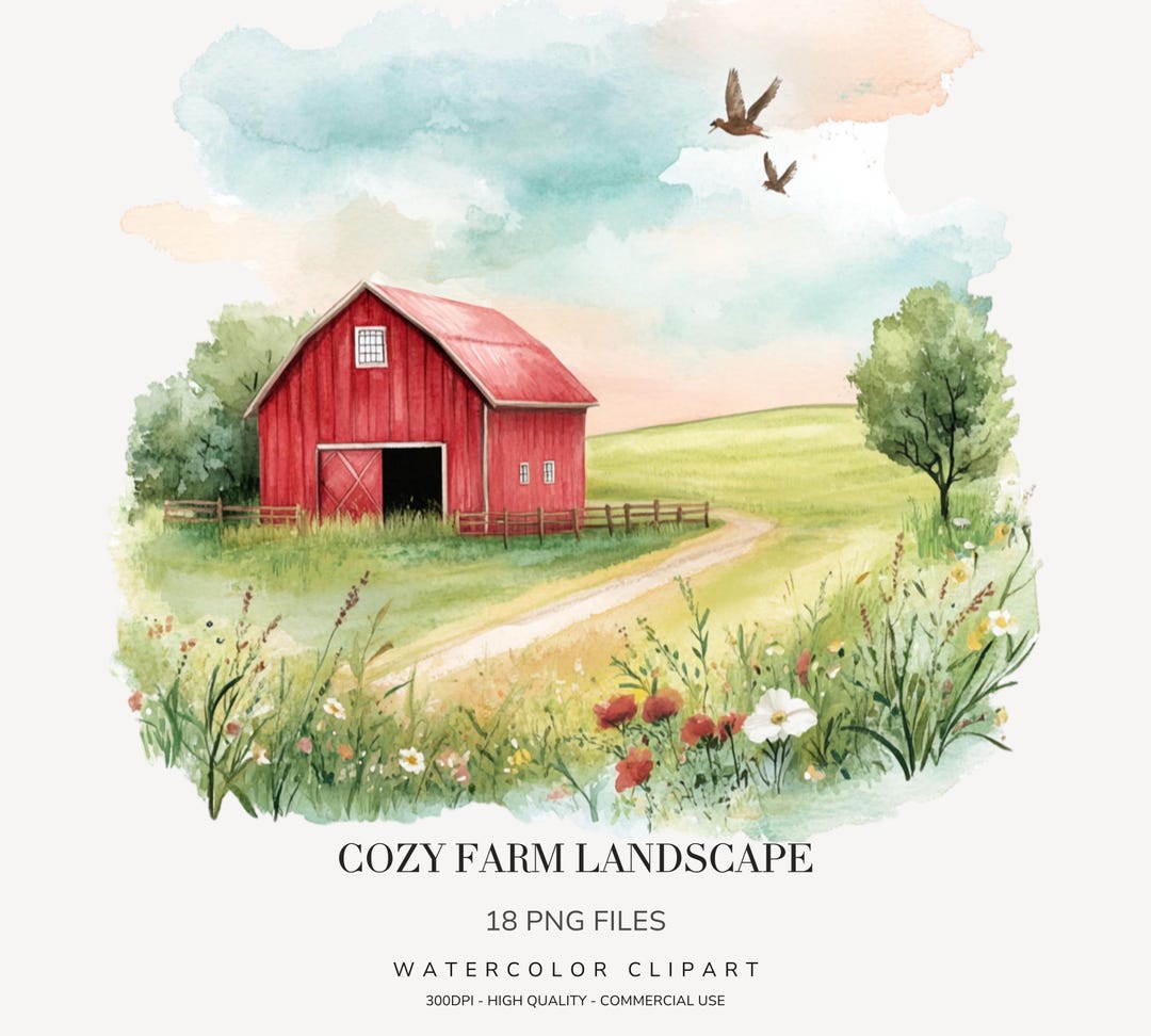 Cozy Farm Landscape Clipart, Watercolor Farm Scene Png, Nursery Farm ...