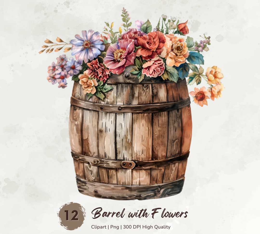Floral Wooden Barrel Clipart, Garden Barrel, Floral Barrel Png, Spring ...